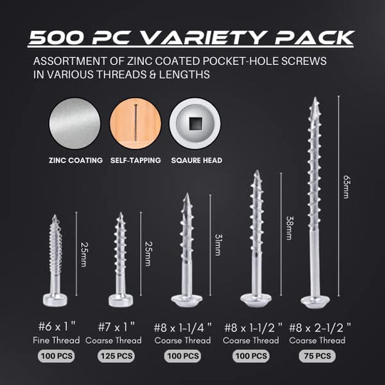Massca Pocket Hole Screw Kit 500 Units Self Tapping Zinc Plated Massca Products